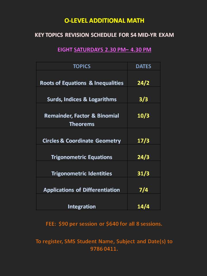 O LEVEL A MATH KEY TOPICS REVISION FOR SEC 4 MID YEAR EXAM SINGAPORE O LEVEL A MATH KEY TOPICS REVISION FOR SEC 4 MID YEAR EXAM SINGAPORE